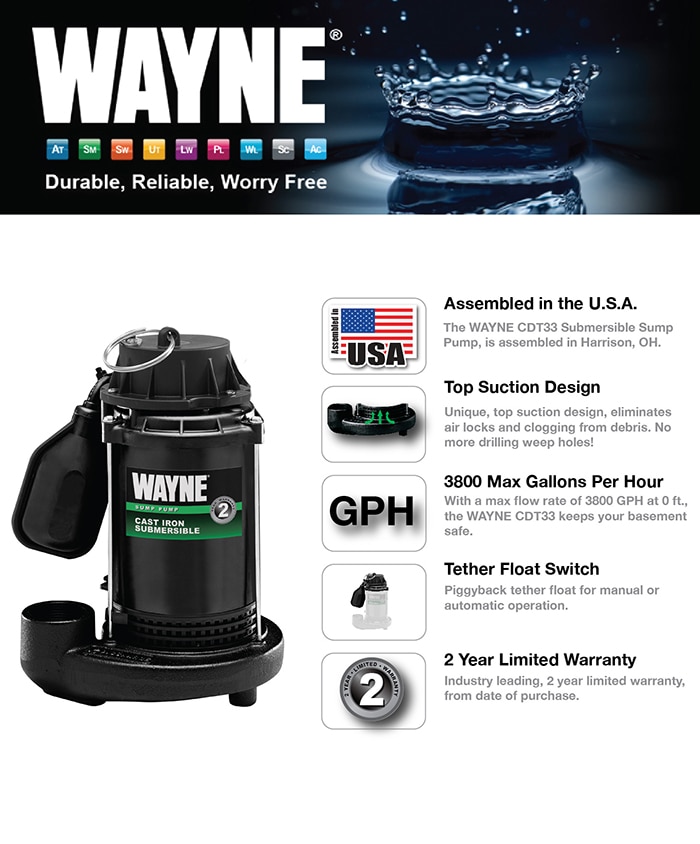 Wayne 1 3 Hp Cast Iron Submersible Sump Pump With Tether Float Switch Cdt33